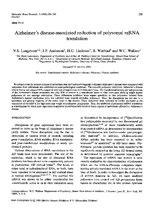 (PDF) Alzheimer's disease-associated reduction of polysomal mRNA ...