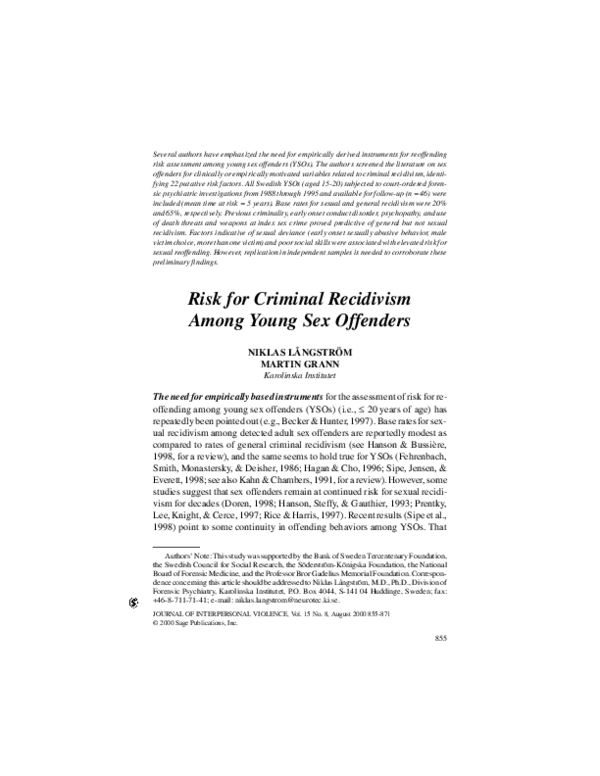 (PDF) Risk for Criminal Recidivism Among Young Sex Offenders