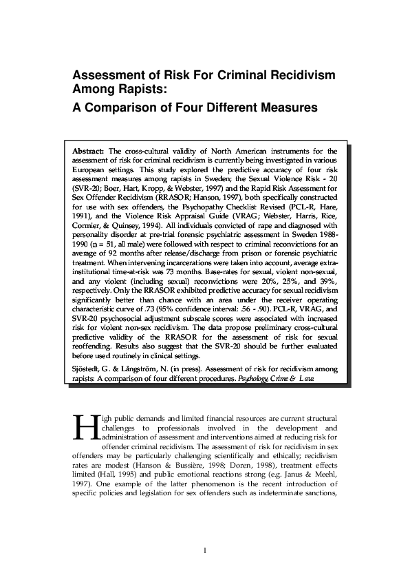 (PDF) Assessment of risk for criminal recidivism among rapists: A ...