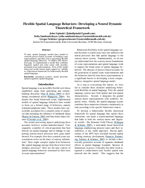 Pdf Flexible Spatial Language Behaviors Developing A Neural Dynamic Theoretical Framework