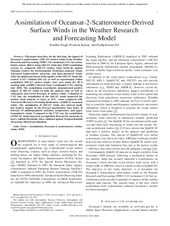 (PDF) Assimilation of Oceansat-2-scatterometer-derived surface winds in ...