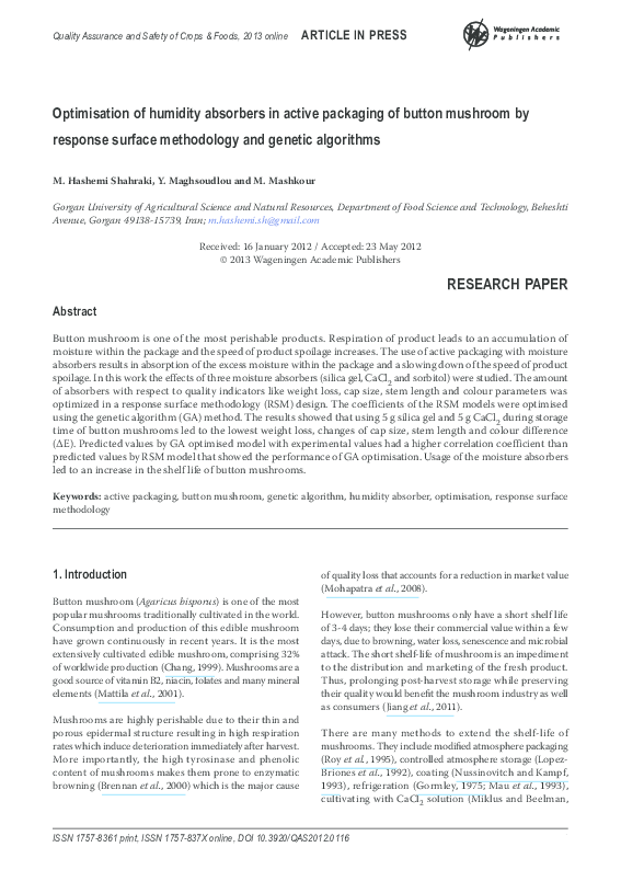 (PDF) Optimisation of humidity absorbers in active packaging of button mushroom by response ...
