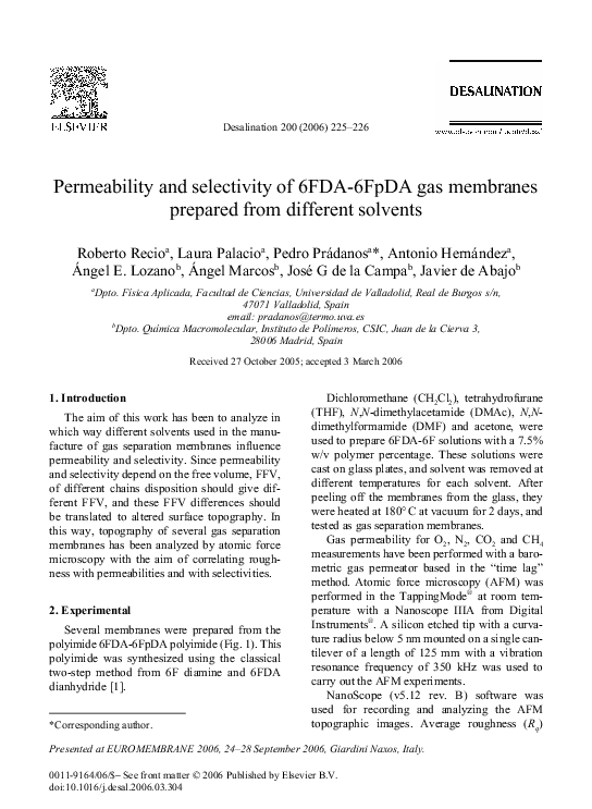 (PDF) Permeability and selectivity of 6FDA-6FpDA gas membranes prepared ...
