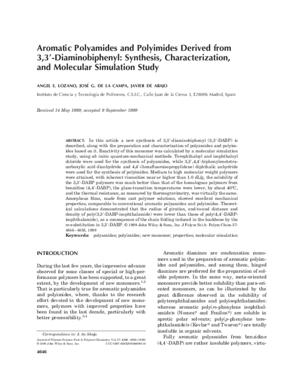 (PDF) Aromatic polyamides and polyimides derived from 3,3′‐diaminobiphenyl: Synthesis ...