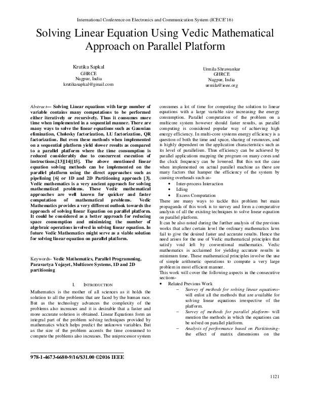 (PDF) Solving Linear Equation Using Vedic Mathematical Approach on ...