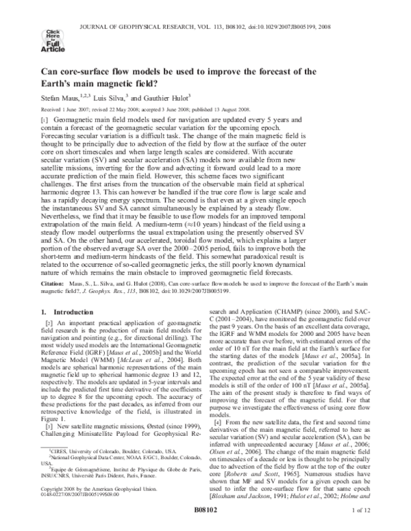 (PDF) Can core-surface flow models be used to improve the forecast of the Earth's main magnetic ...