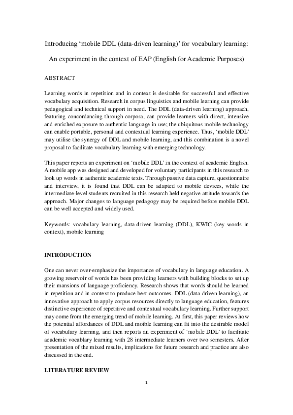 Pdf Introducing Mobile Ddl Data Driven Learning For Vocabulary Learning An Experiment In