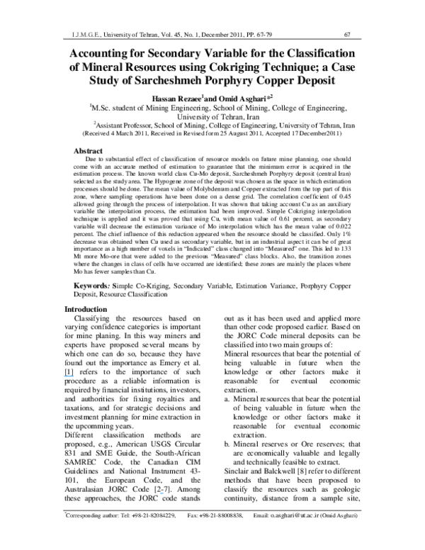 (PDF) Accounting for Secondary Variable for the Classification of Mineral Resources using ...