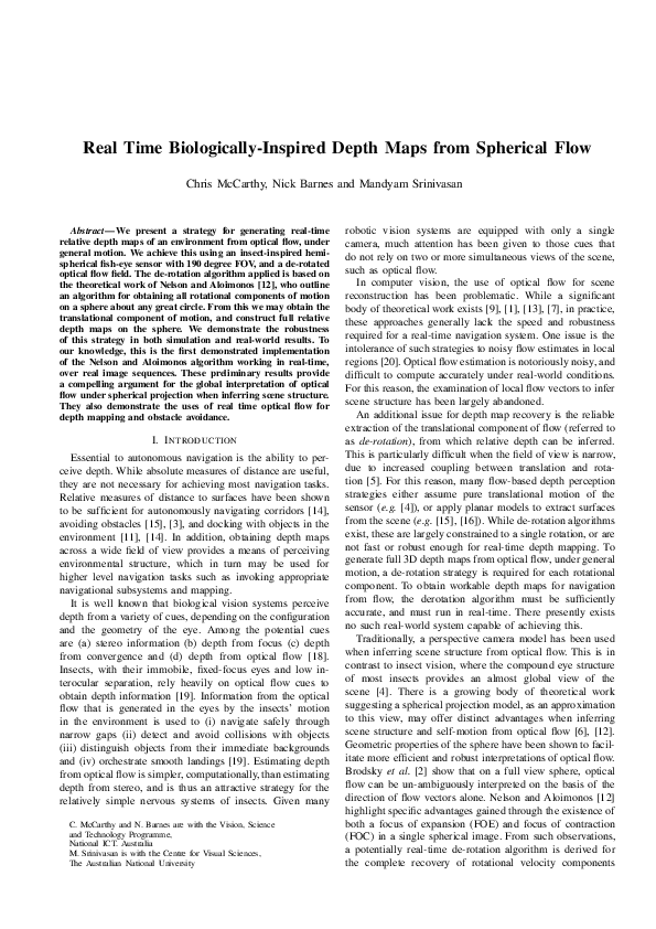 (PDF) Real time biologically-inspired depth maps from spherical flow