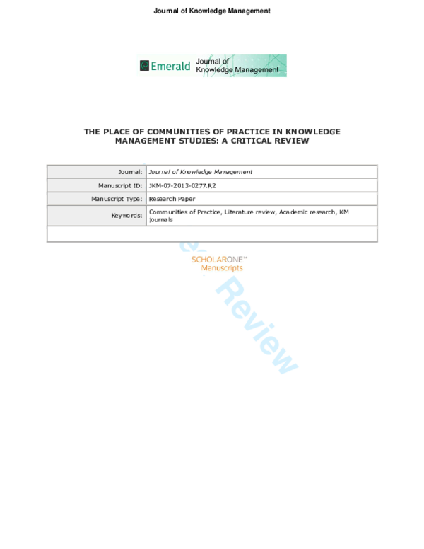 (PDF) The place of communities of practice in knowledge management ...