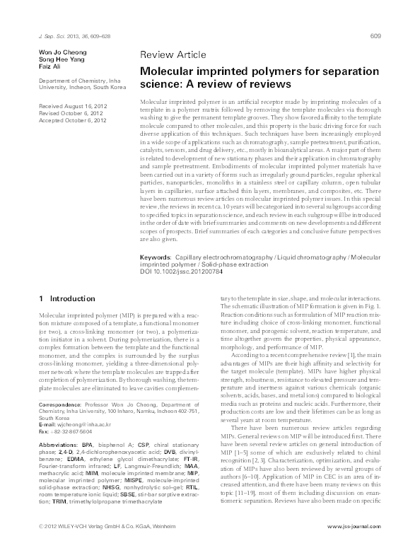 (PDF) Molecular imprinted polymers for separation science: A review of reviews