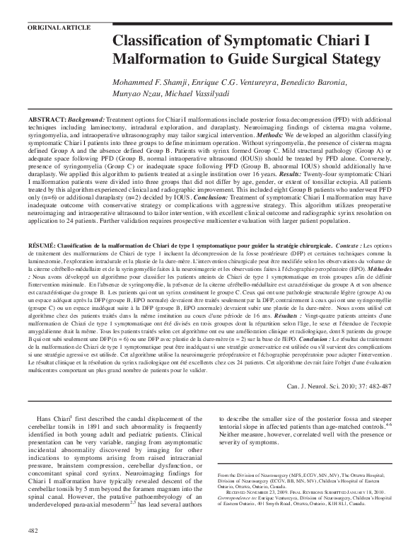 (PDF) Classification of Symptomatic Chiari I Malformation to Guide ...