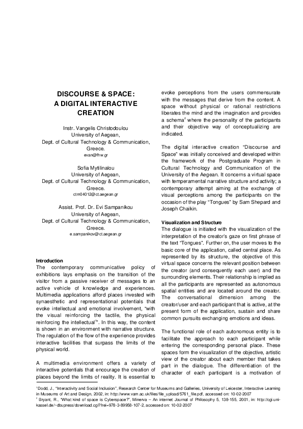 (PDF) DISCOURSE & SPACE: A DIGITAL INTERACTIVE CREATION