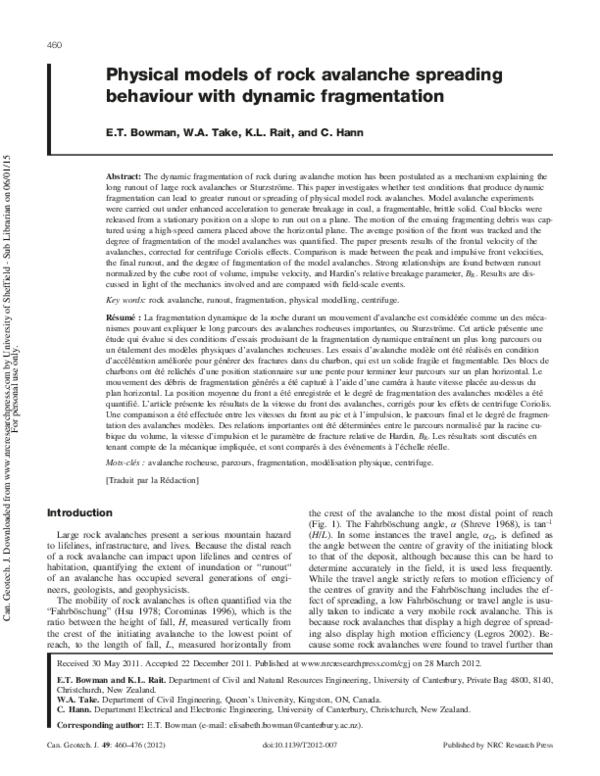 (PDF) Physical models of rock avalanche spreading behaviour with dynamic fragmentation