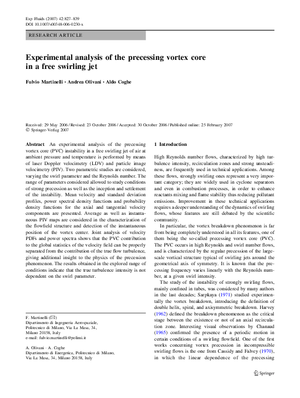(PDF) Experimental analysis of the precessing vortex core in a free ...