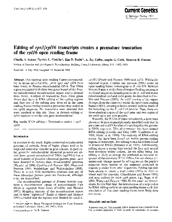 (PDF) Editing of rps3/rpl16 transcripts creates a premature truncation ...