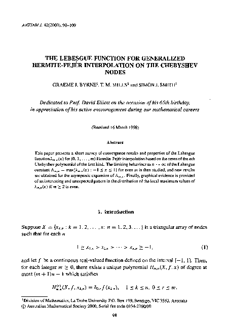 (PDF) The Lebesgue function for generalized Hermite-Fejér interpolation on the Chebyshev nodes