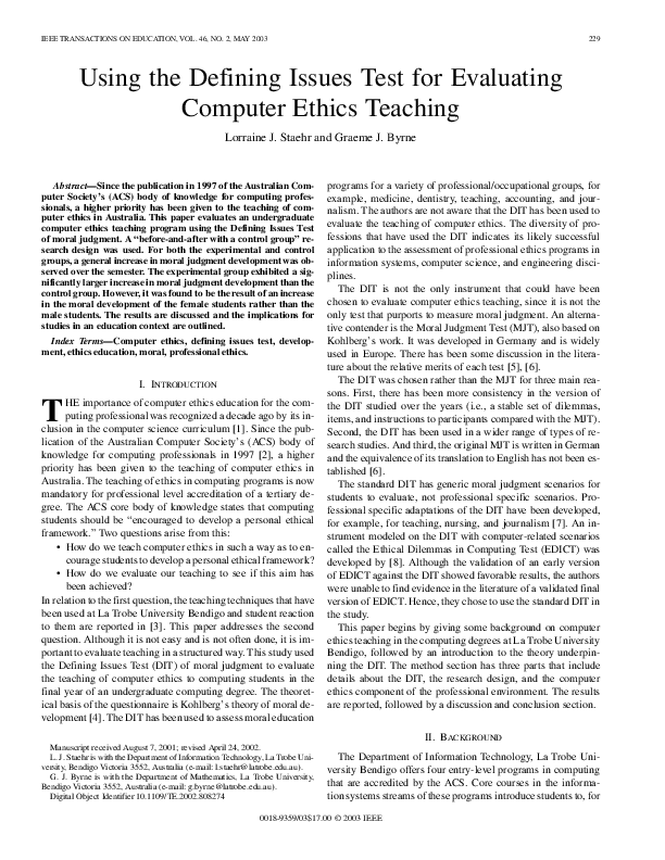 (PDF) Using the defining issues test for evaluating computer ethics ...