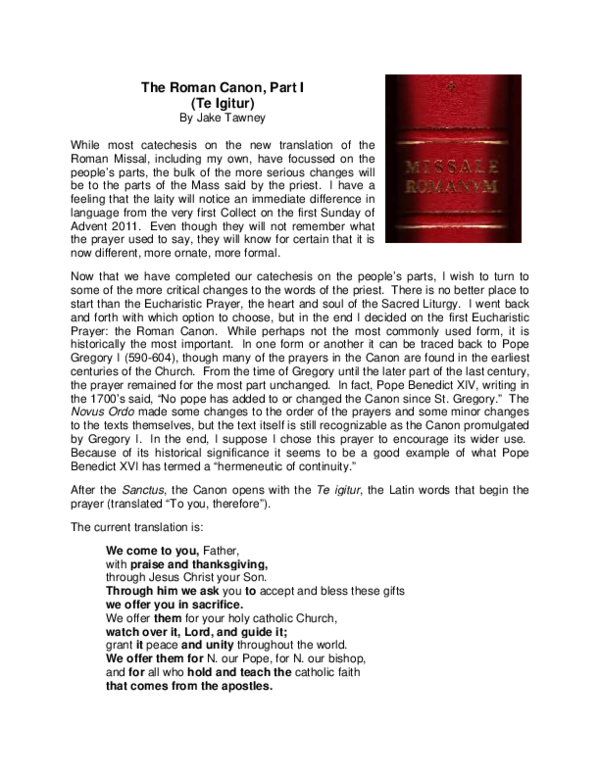 (PDF) The Roman Canon, Part I (Te Igitur