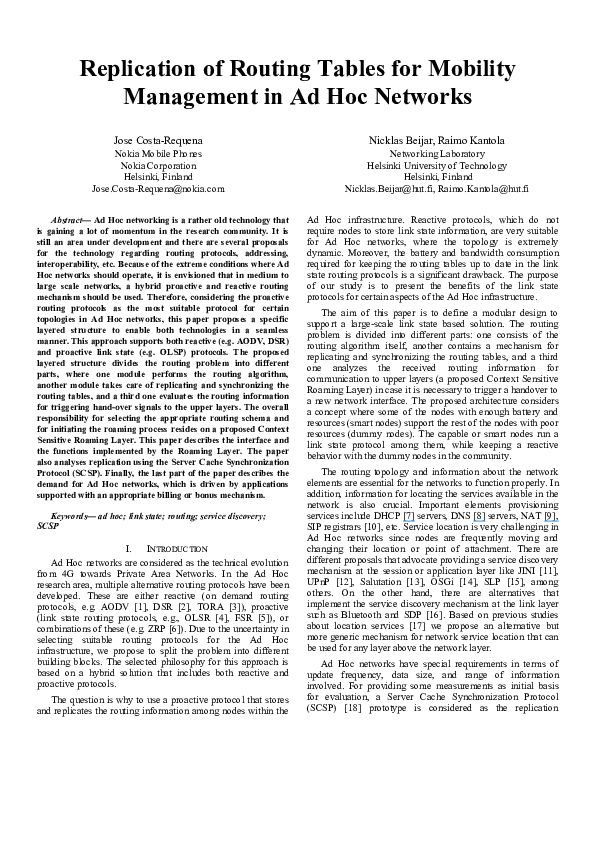 Pdf Replication Of Routing Tables For Mobility Management In Ad Hoc Networks