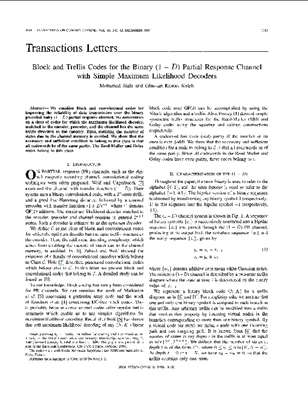 Pdf Block And Trellis Codes For The Binary 1 D Partial Response 6691