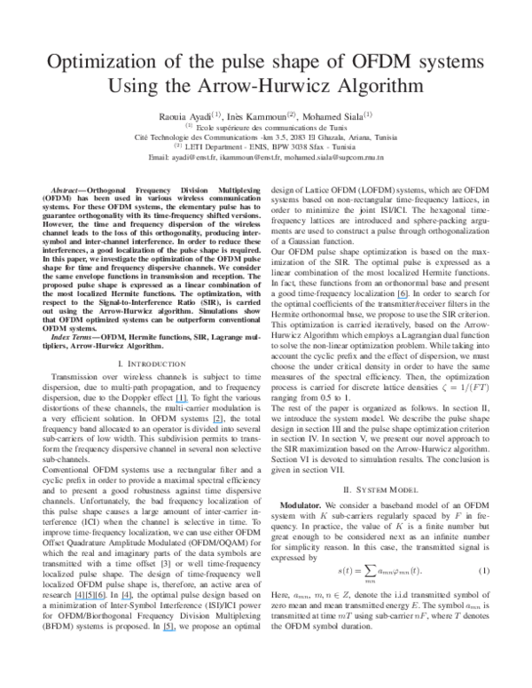 (PDF) Optimization of the pulse shape of OFDM systems using the arrow-hurwicz algorithm
