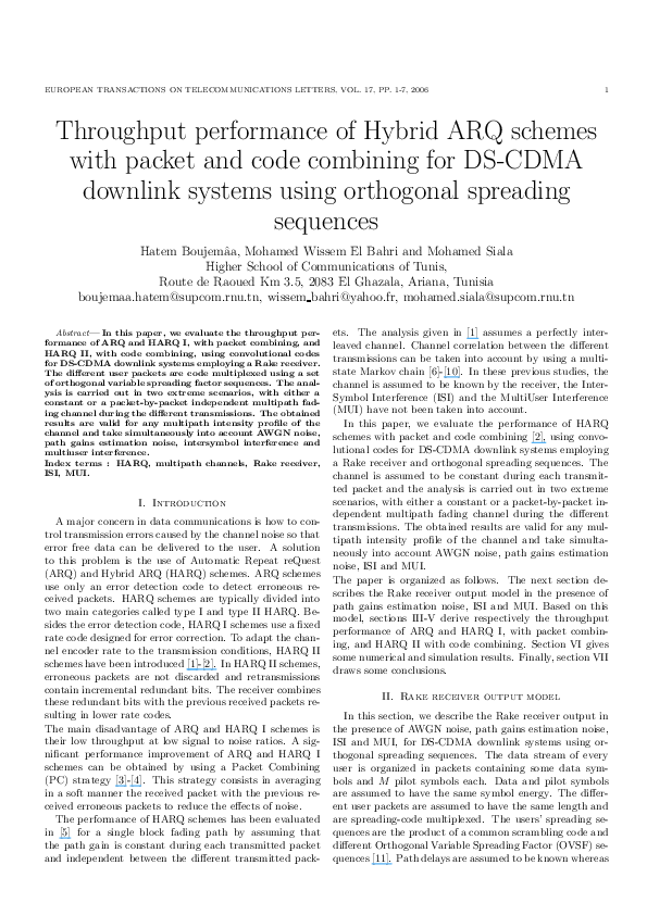 (PDF) Throughput performance of Hybrid ARQ schemes with packet and code combining for DS‐CDMA ...