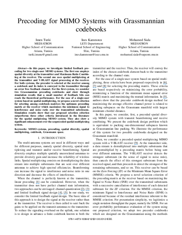 Pdf Precoding For Mimo Systems With Grassmannian Codebooks