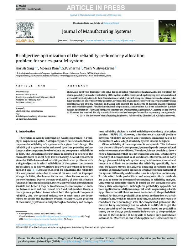 Pdf Bi Objective Optimization Of The Reliability Redundancy Allocation Problem For Series
