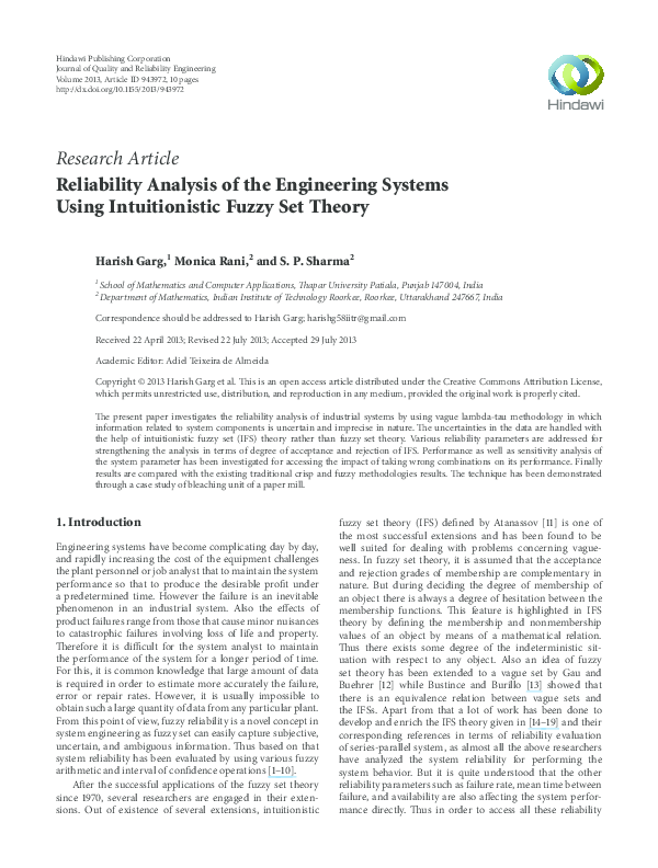 Pdf Reliability Analysis Of The Engineering Systems Using Intuitionistic Fuzzy Set Theory
