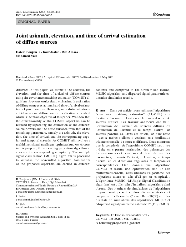 Pdf Joint Azimuth Elevation And Time Of Arrival Estimation Of 3 D Point Sources Mohamed