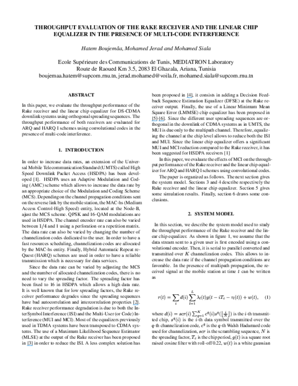 (PDF) THROUGHPUT EVALUATION OF THE RAKE RECEIVER AND THE LINEAR CHIP EQUALIZER IN THE PRESENCE ...