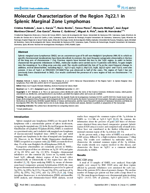 (PDF) Molecular Characterization of the Region 7q22.1 in Splenic Marginal Zone Lymphomas