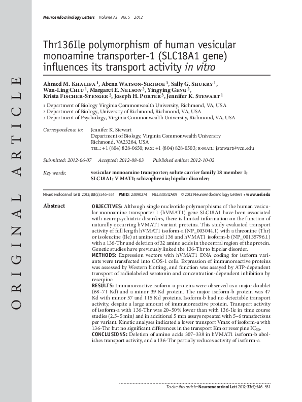 (PDF) Thr136Ile Polymorphism Affects hVMAT1 Activity