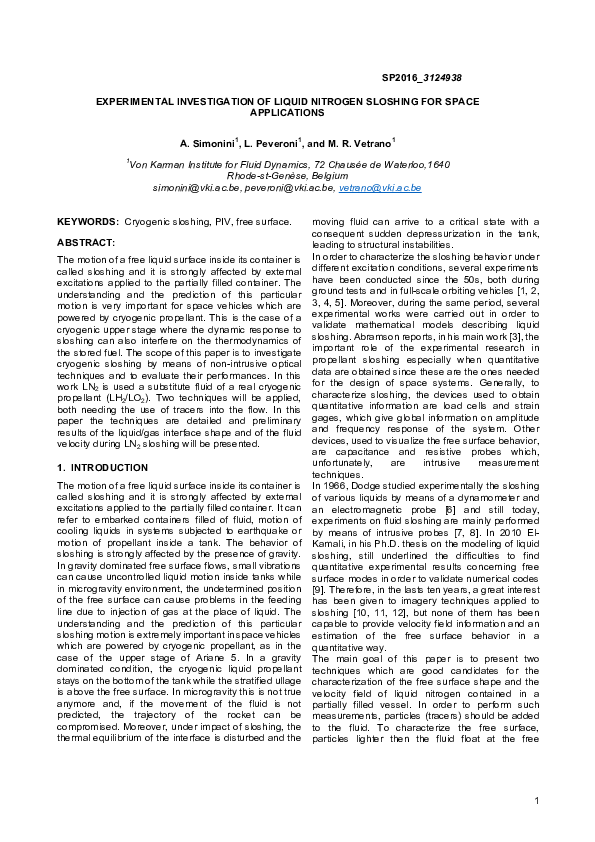 (PDF) EXPERIMENTAL INVESTIGATION OF LIQUID NITROGEN SLOSHING FOR SPACE APPLICATIONS