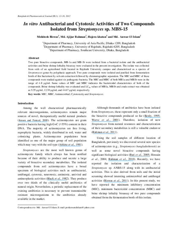 (PDF) In vitro Antibacterial and Cytotoxic Activities of a Brown Antibiotic Metabolite from a ...