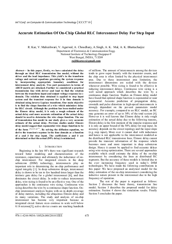 Pdf Accurate Estimation Of On Chip Global Rlc Interconnect Delay For Step Input
