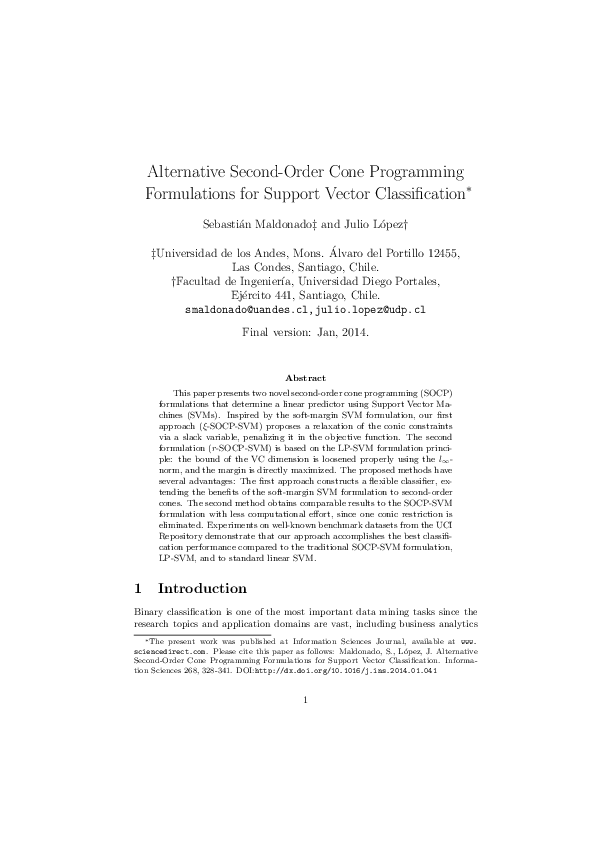 Pdf Alternative Second Order Cone Programming Formulations For Support Vector Classification