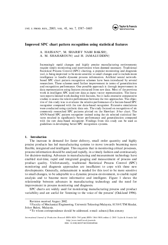 Pdf Improved Spc Chart Pattern Recognition Using Statistical Features