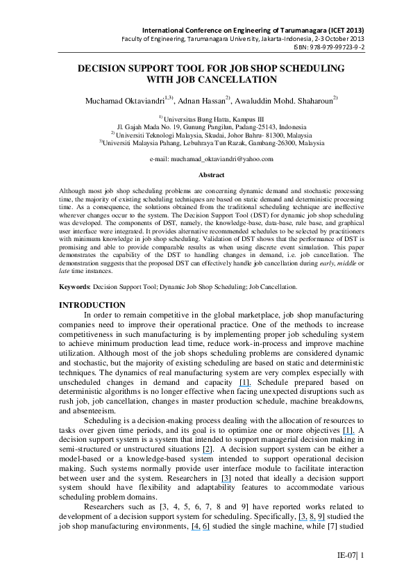 (PDF) Decision support tool for job shop scheduling with job cancellation | Awaluddin Shaharoun ...