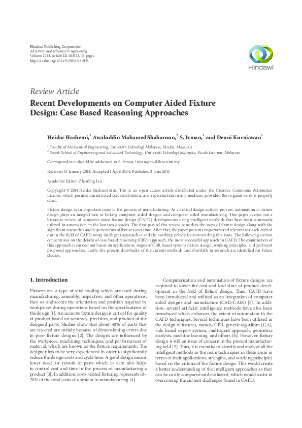 (PDF) Recent Developments on Computer Aided Fixture Design: Case Based Reasoning Approaches