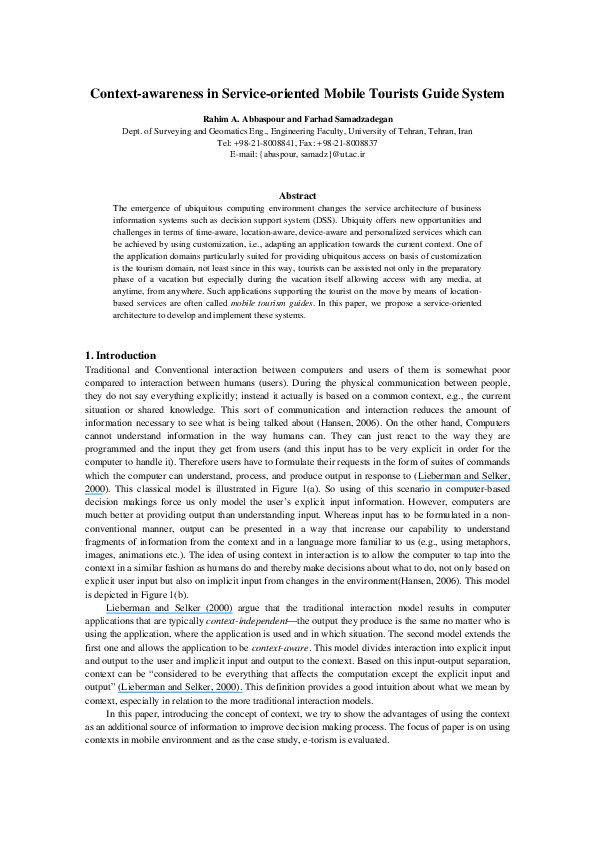 (PDF) Context-awareness in Service-oriented Mobile Tourists Guide System
