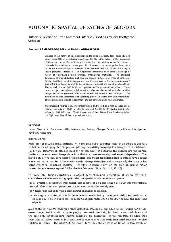 (PDF) AUTOMATIC SPATIAL UPDATING OF GEO-DBs Automatic Revision of Urban Geospatial Databases ...
