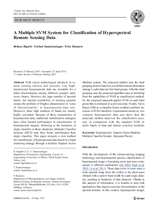 Pdf A Multiple Svm System For Classification Of Hyperspectral Remote