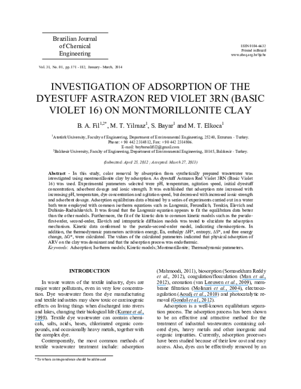 (PDF) Investigation of Adsorption Astrazon Red Violet 3RN (Basic Violet ...