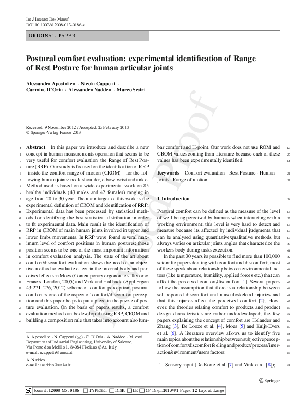 (PDF) Postural comfort evaluation: experimental identification of Range ...