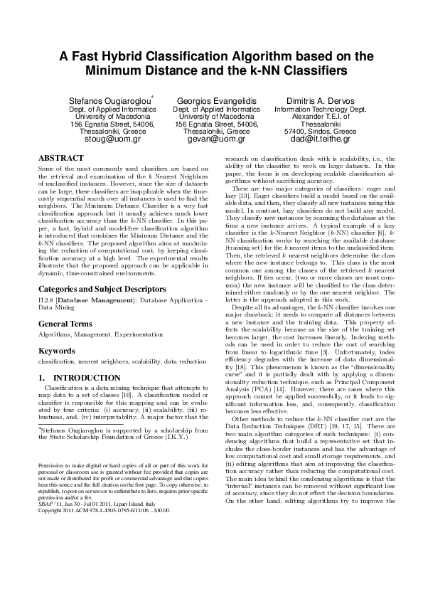 Pdf A Fast Hybrid Classification Algorithm Based On The Minimum