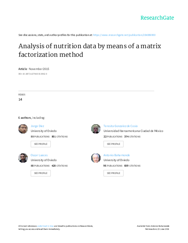 (PDF) Analysis of nutrition data by means of a matrix factorization method | Teresita Gonzalez ...