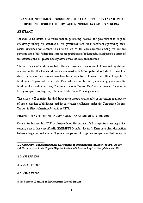 (DOC) FRANKED INVESTMENT INCOME AND THE CHALLENGES IN TAXATION OF ...