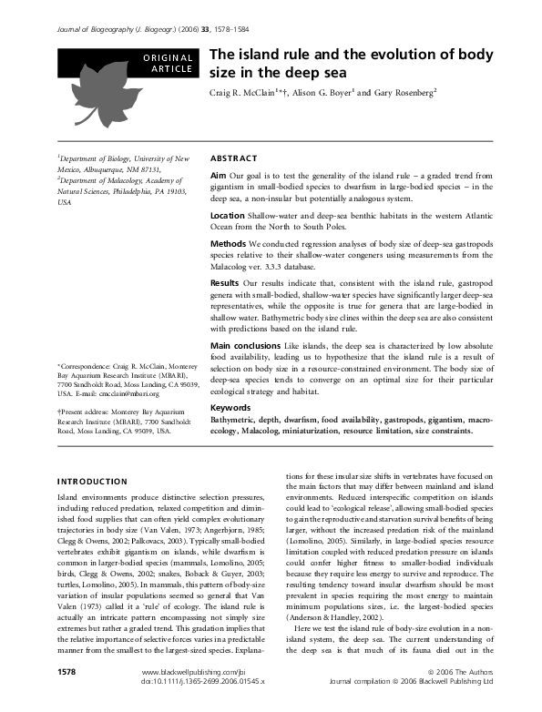 (PDF) The island rule and the evolution of body size in the deep sea